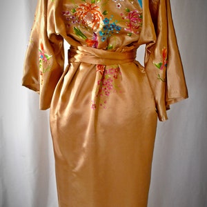 Vintage Deep Gold Silk Satin Heavily Hand Embroidered Long Kimono Robe ...