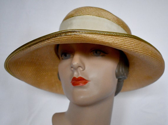 Vintage 1970s Pale Gold Woven Straw Sun Hat With Wide… - Gem