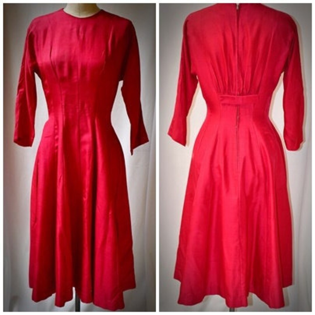 Vintage 1950s Bright Red Pink Cherry Red Silk Shantung Elegant Fit and ...