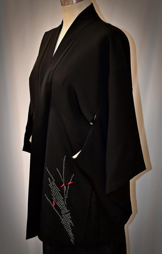 Vintage 1950s Black Silk Japanese Haori Short Kimono … - Gem