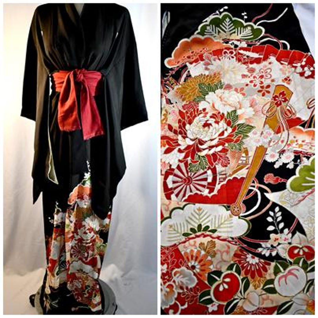 Vintage 1940s Black Silk Long Japanese Kimono With Green Rust and Ivory ...
