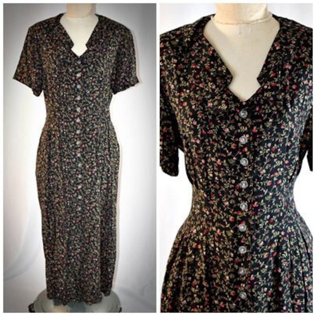 Vintage 1980s Retro 40s Style Black and Red Rose Print Rayon - Etsy