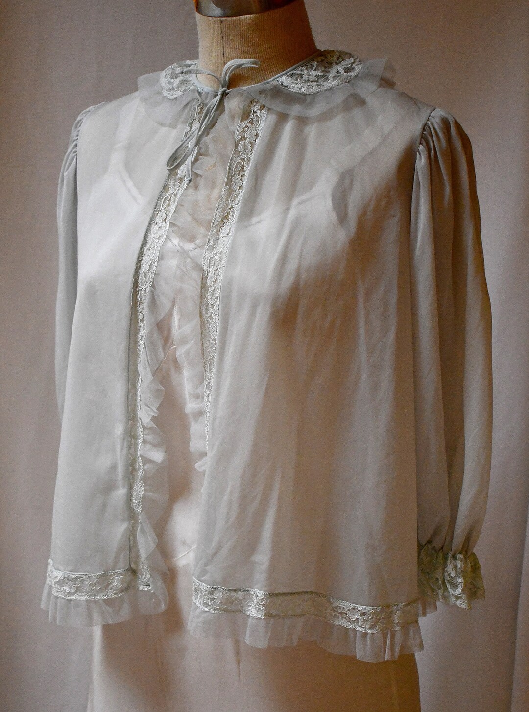 Vintage 1960s Feminine Pale Blue Nylon Bed Jacket With Inset Lace and ...