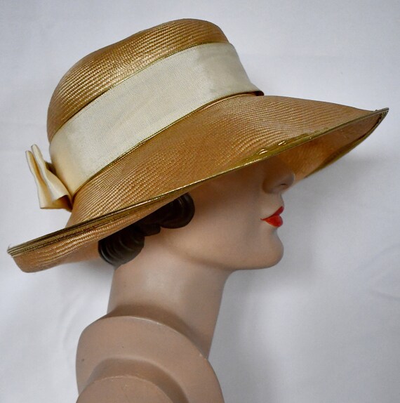 Vintage 1970s Pale Gold Woven Straw Sun Hat With Wide… - Gem