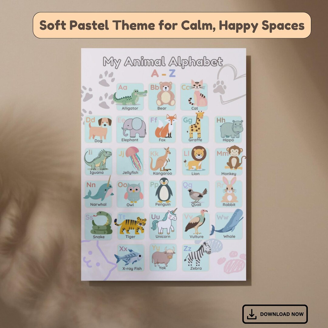 Animal Alphabet Wall Art Printable | Cute ABC Poster for Kids | Pastel ...