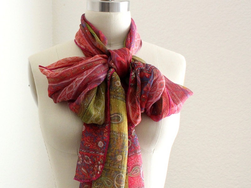 Upcycled Floral Pink Paisley Sheer Sari Scarf, Extra Long - Etsy