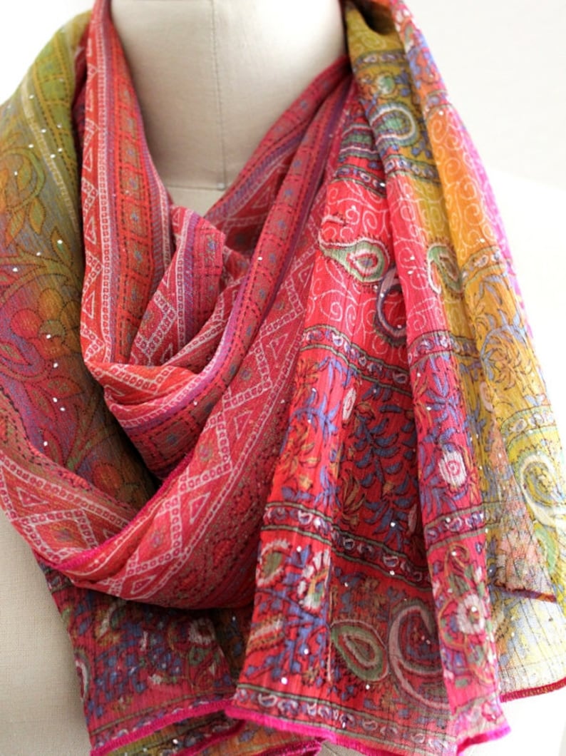 Upcycled Floral Pink Paisley Sheer Sari Scarf, Extra Long - Etsy