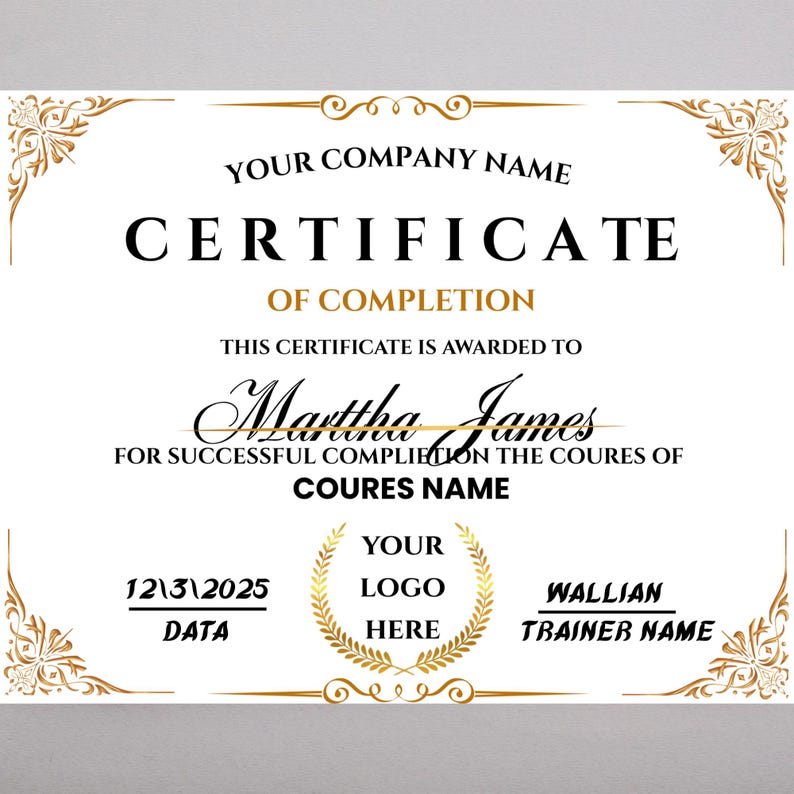 Editable Certificate of Completion, Canva Template, Printable Course Completion Certificate ...