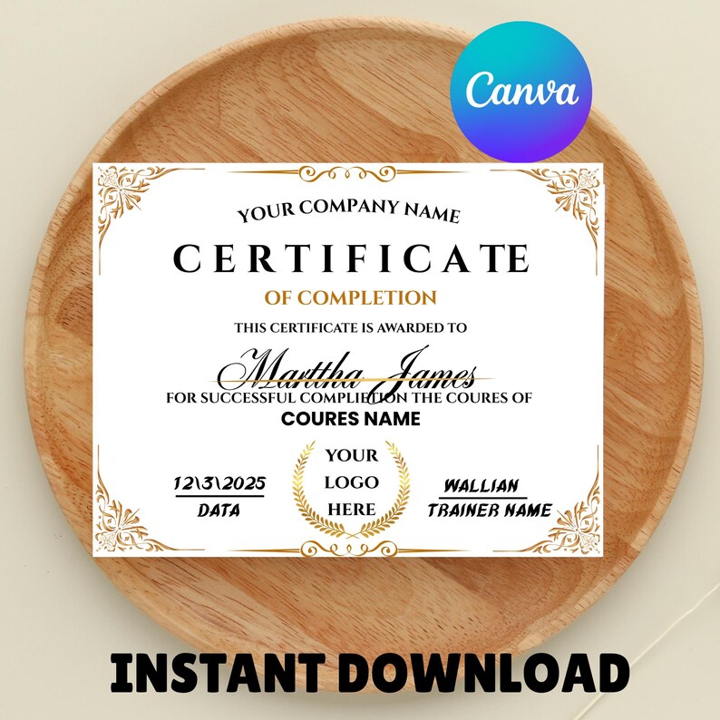 Editable Certificate of Completion, Canva Template, Printable Course ...
