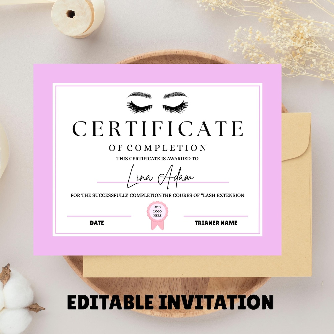 Editable Lash Certificate of Completion Template, Printable Lash ...