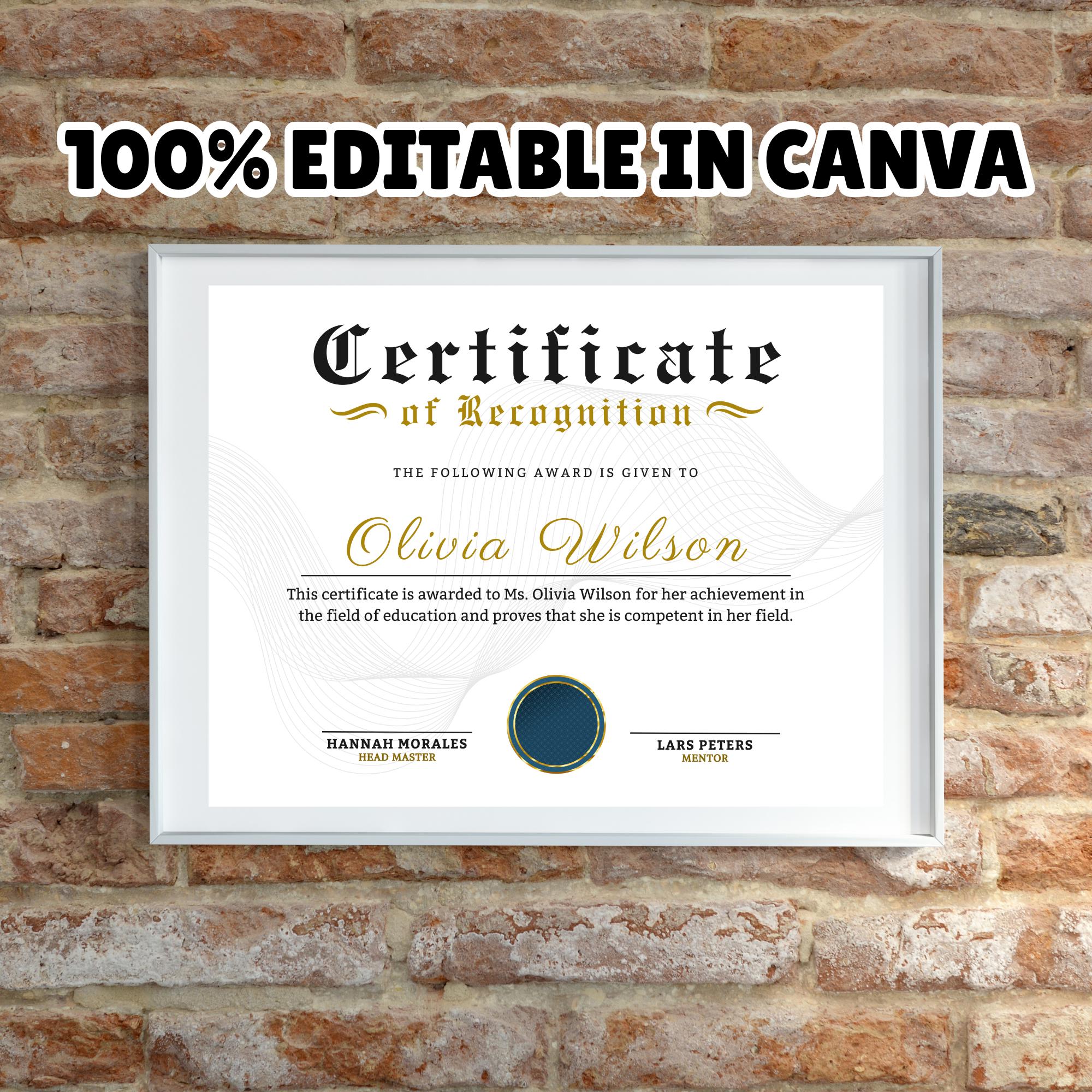 Certificate of Recognition Template Canva, Gold Certificate of ...