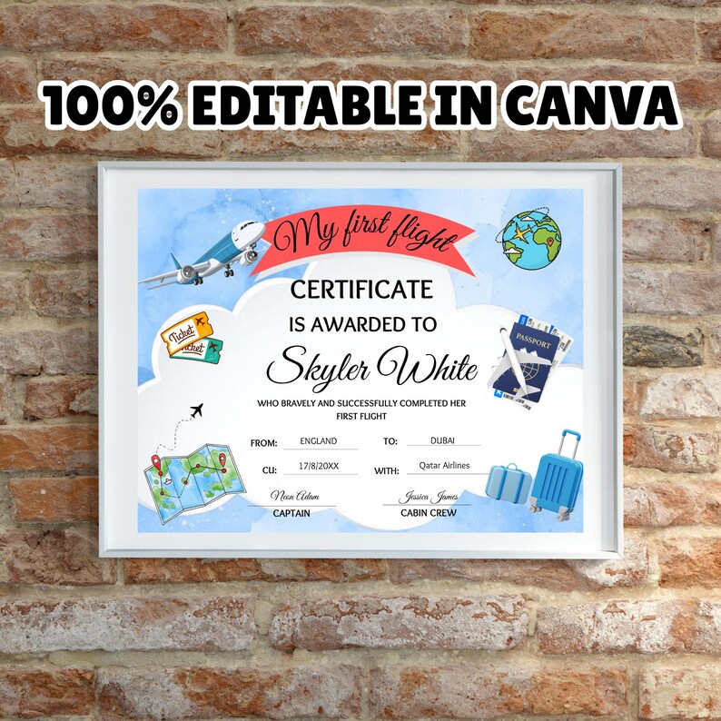 My First Flight Certificate, Kids Certificate, Editable Certificate ...