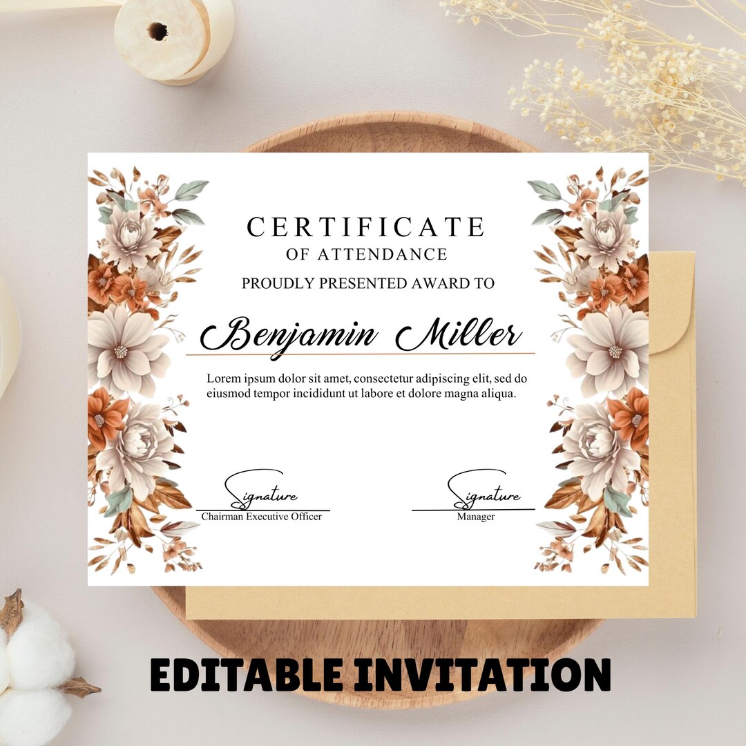 Editable Minimalist Attendance Certificate Template, Canva Simple Award ...