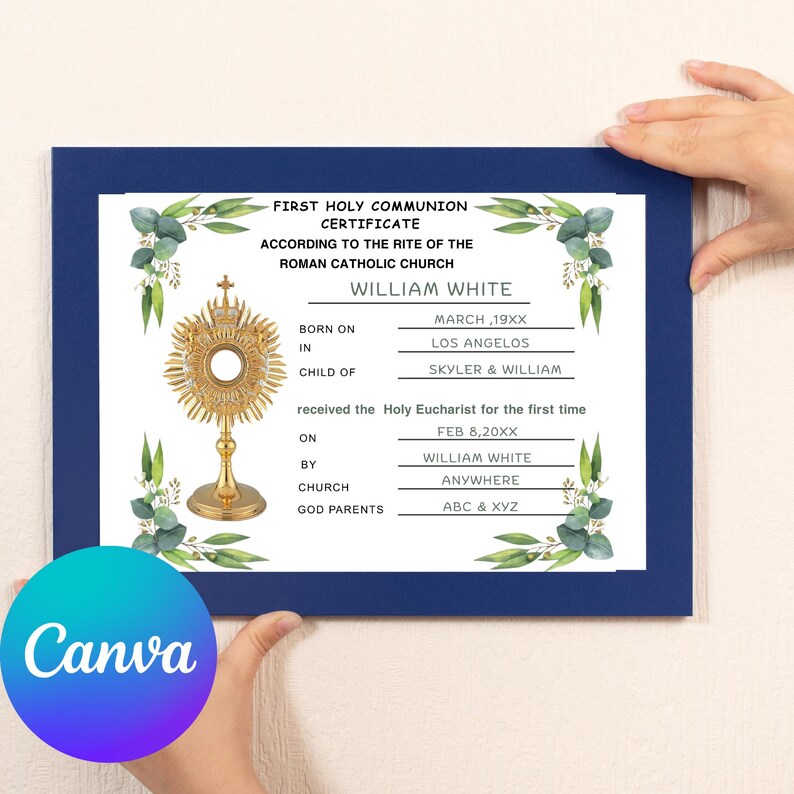 First Communion Certificate Template, Editable First Holy Communion ...