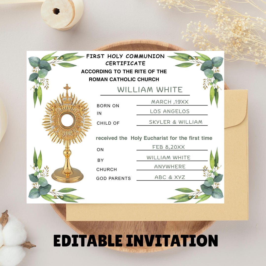 First Communion Certificate Template, Editable First Holy Communion ...