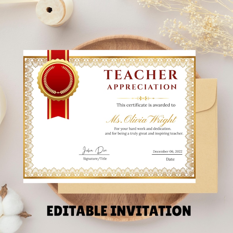 Award Certificate for Teacher, Printable Award Certificate, Teacher ...