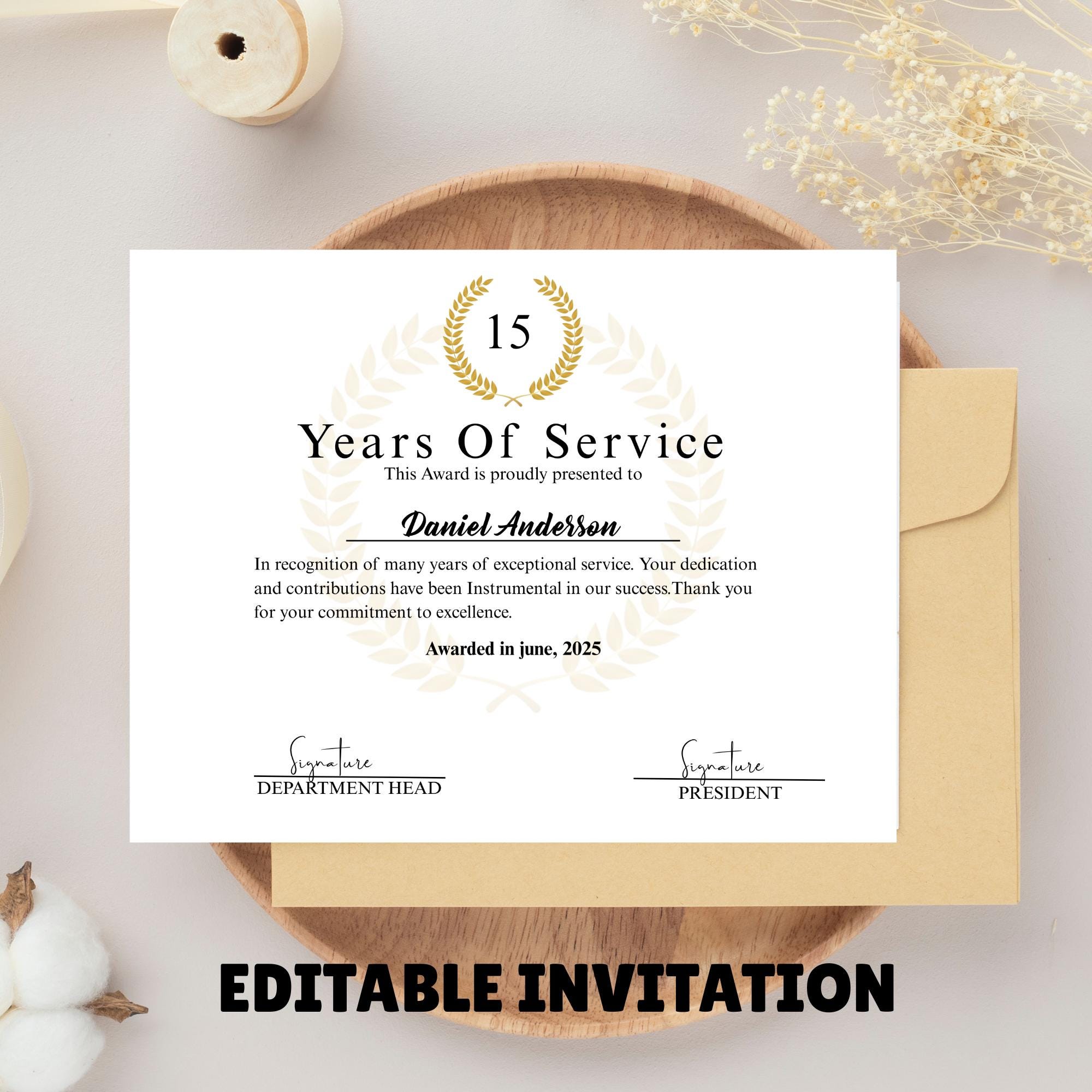 Editable Years of Service Award Certificate, Employee Work Anniversary ...