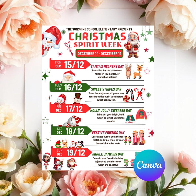Christmas Spirit Week Flyer Template, Spirit Week Itinerary, School ...