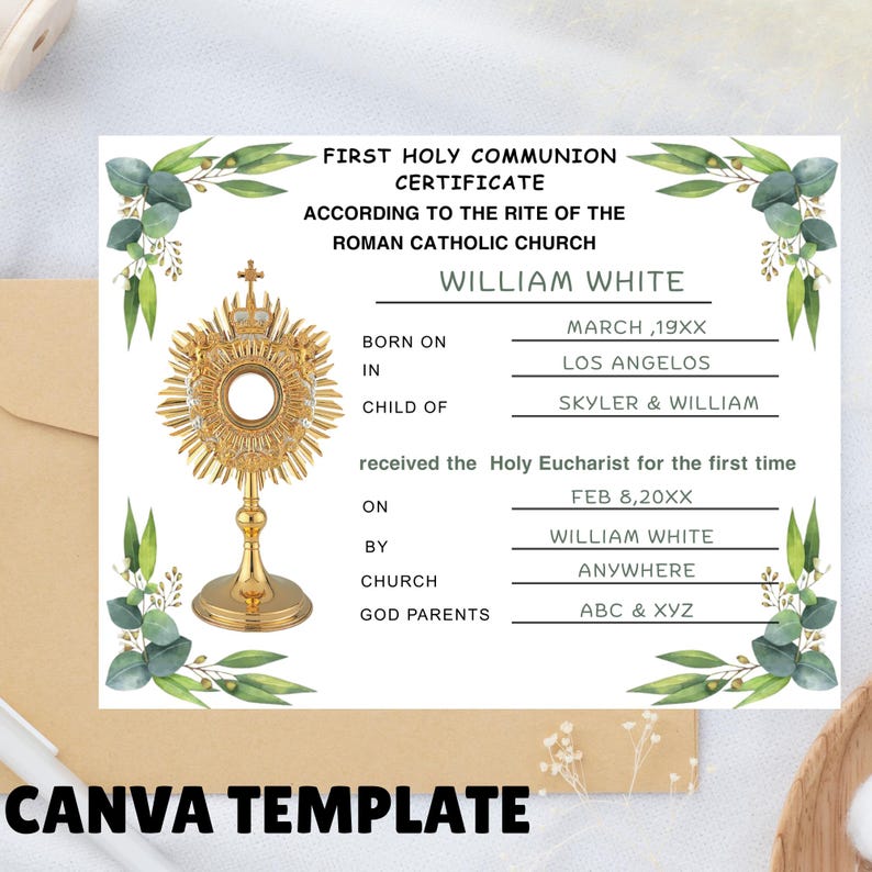 First Communion Certificate Template, Editable First Holy Communion ...