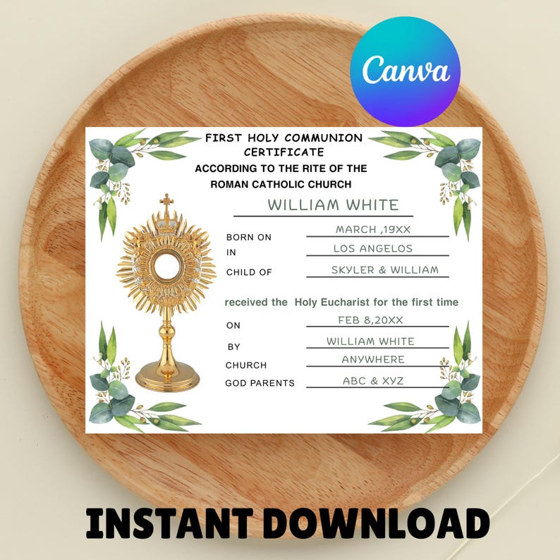 First Communion Certificate Template, Editable First Holy Communion ...