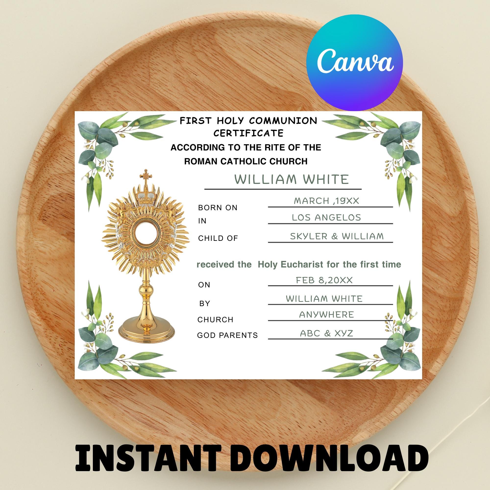First Communion Certificate Template, Editable First Holy Communion ...