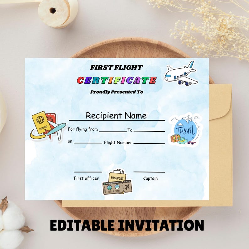 My First Flight Certificate for Kids, EDITABLE, Achievement, Keepsake ...