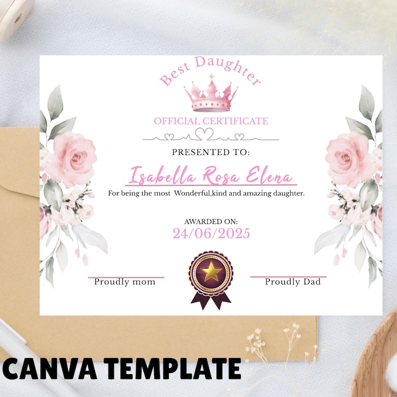 Printable Best Daughter Certificate, Editable Template on Canva - Etsy