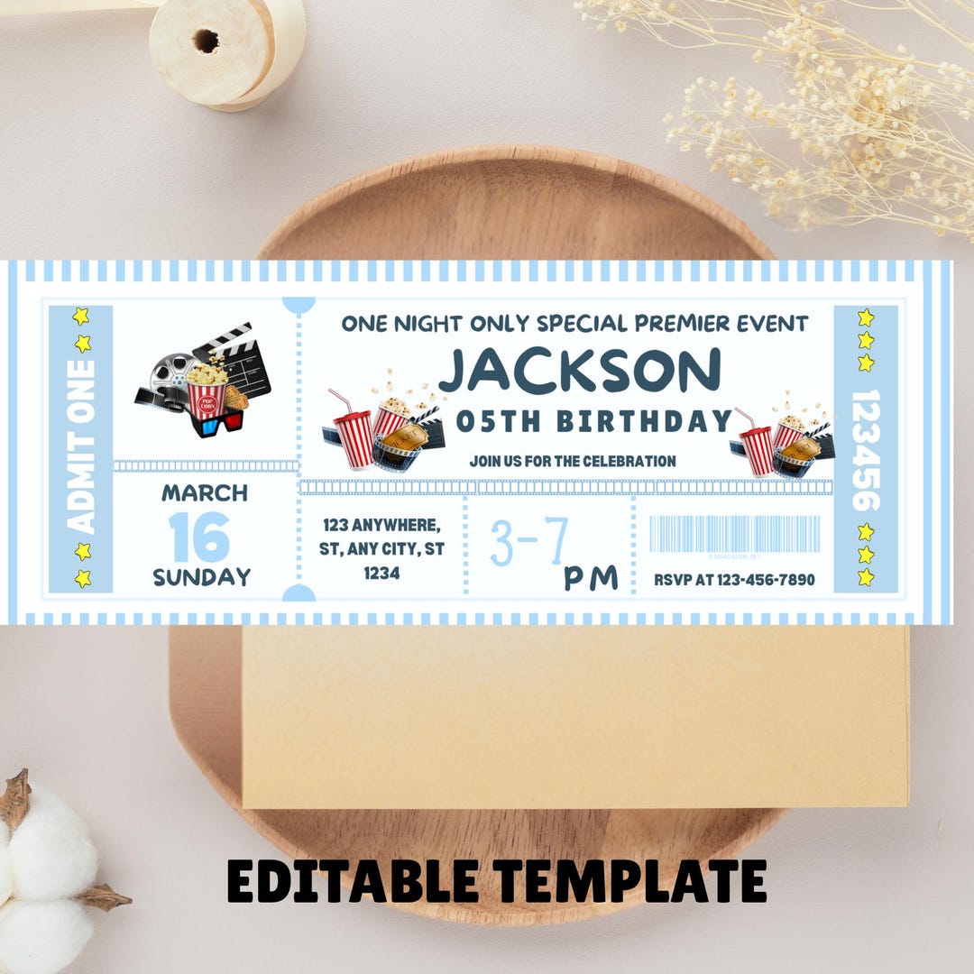 Editable Neon Blue Cinema Ticket, White Minimalist Design, Movie Ticket ...