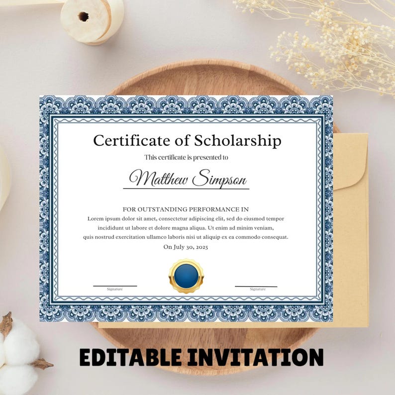 Editable Scholarship Certificate Template, Scholarship Award, Award ...