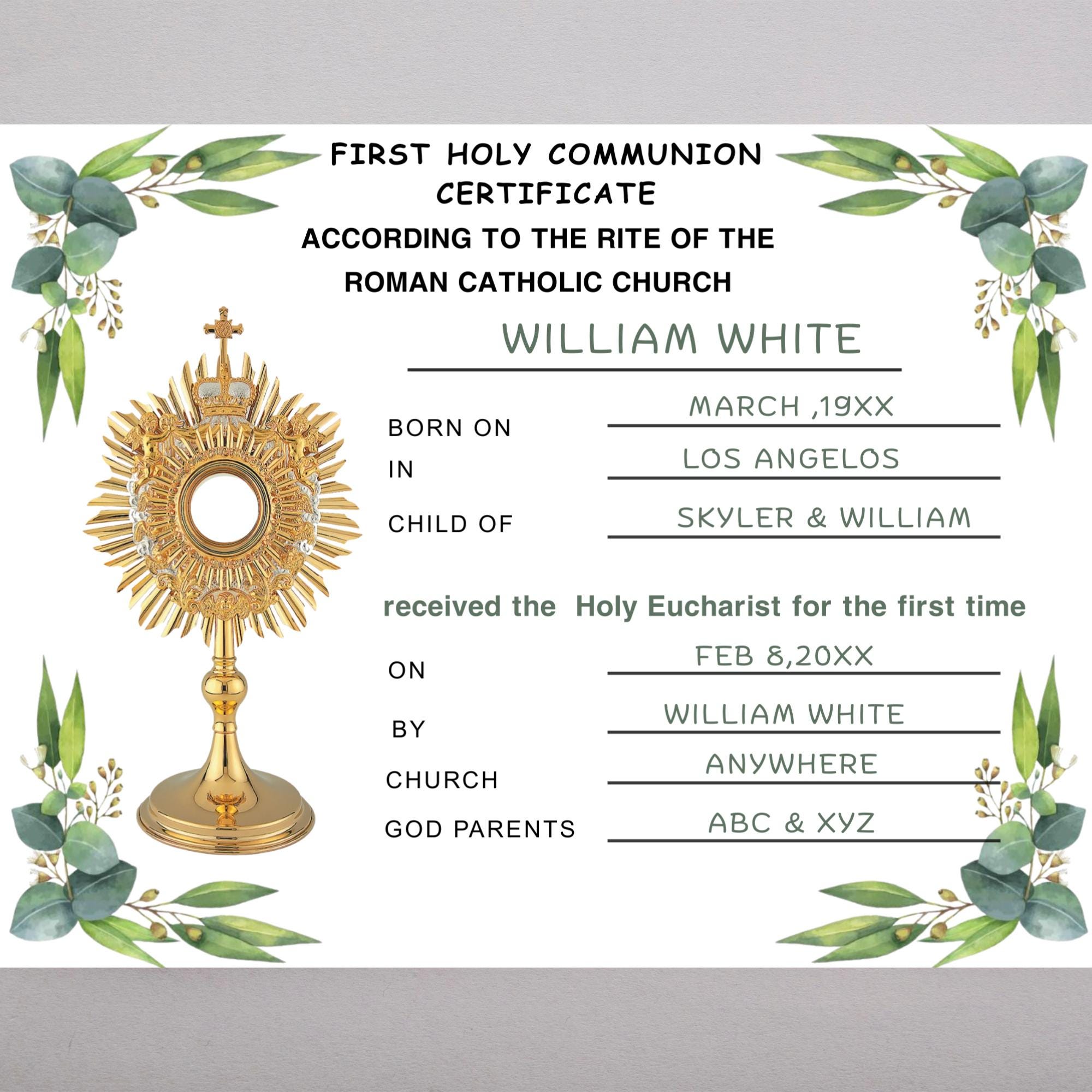 First Communion Certificate Template, Editable First Holy Communion ...