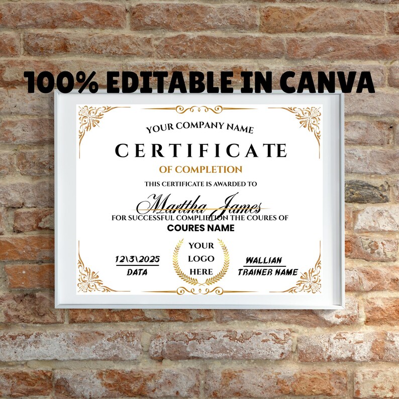 Editable Certificate of Completion, Canva Template, Printable Course ...
