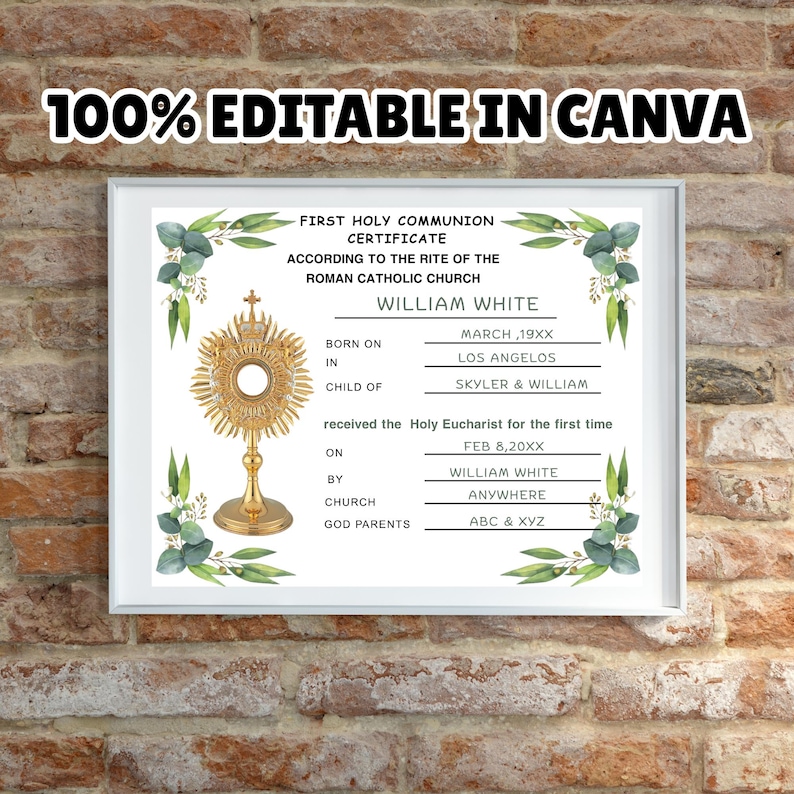 First Communion Certificate Template, Editable First Holy Communion ...