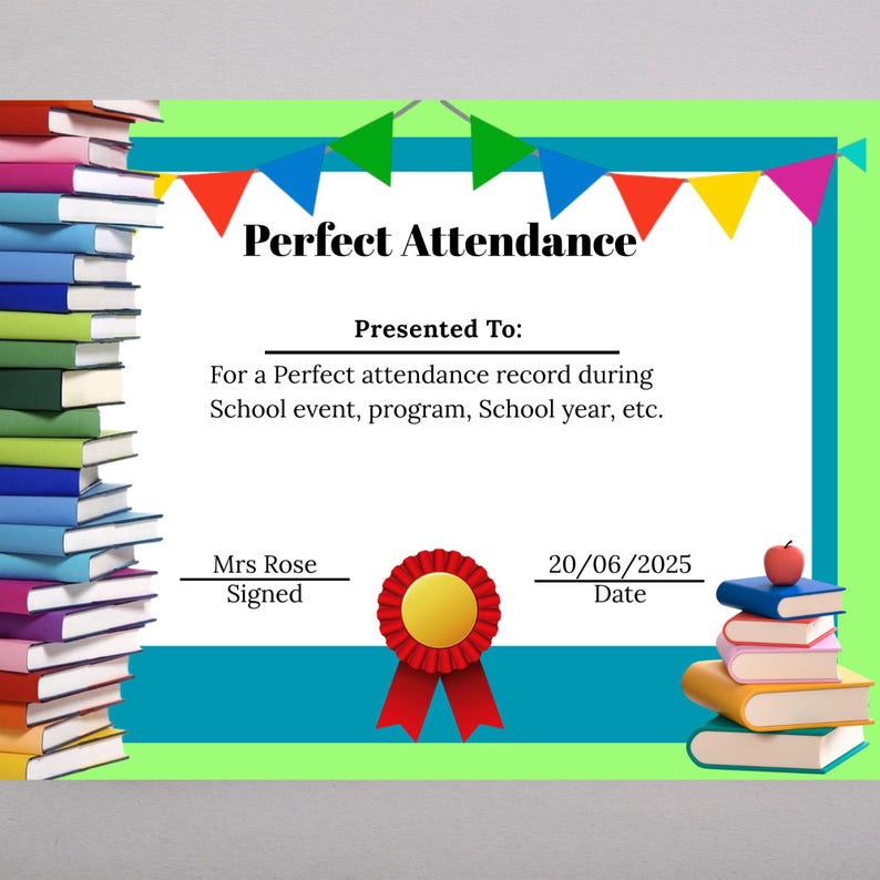 Printable Perfect Attendance Certificate Homeschool or Classroom Reward ...