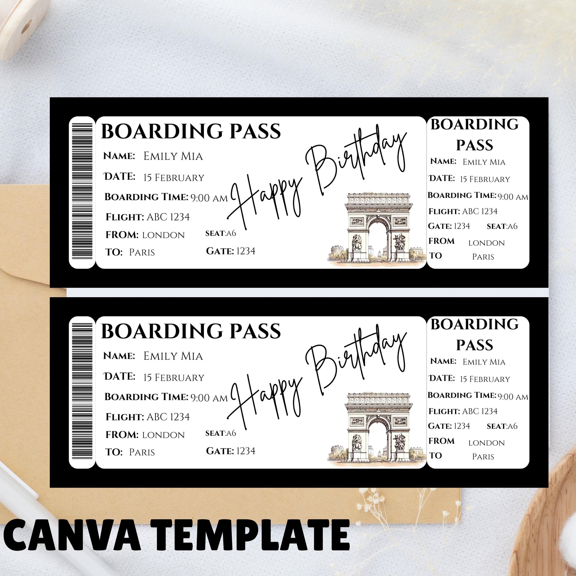Editable Boarding Pass Template, Printable Personalized Airline Ticket ...