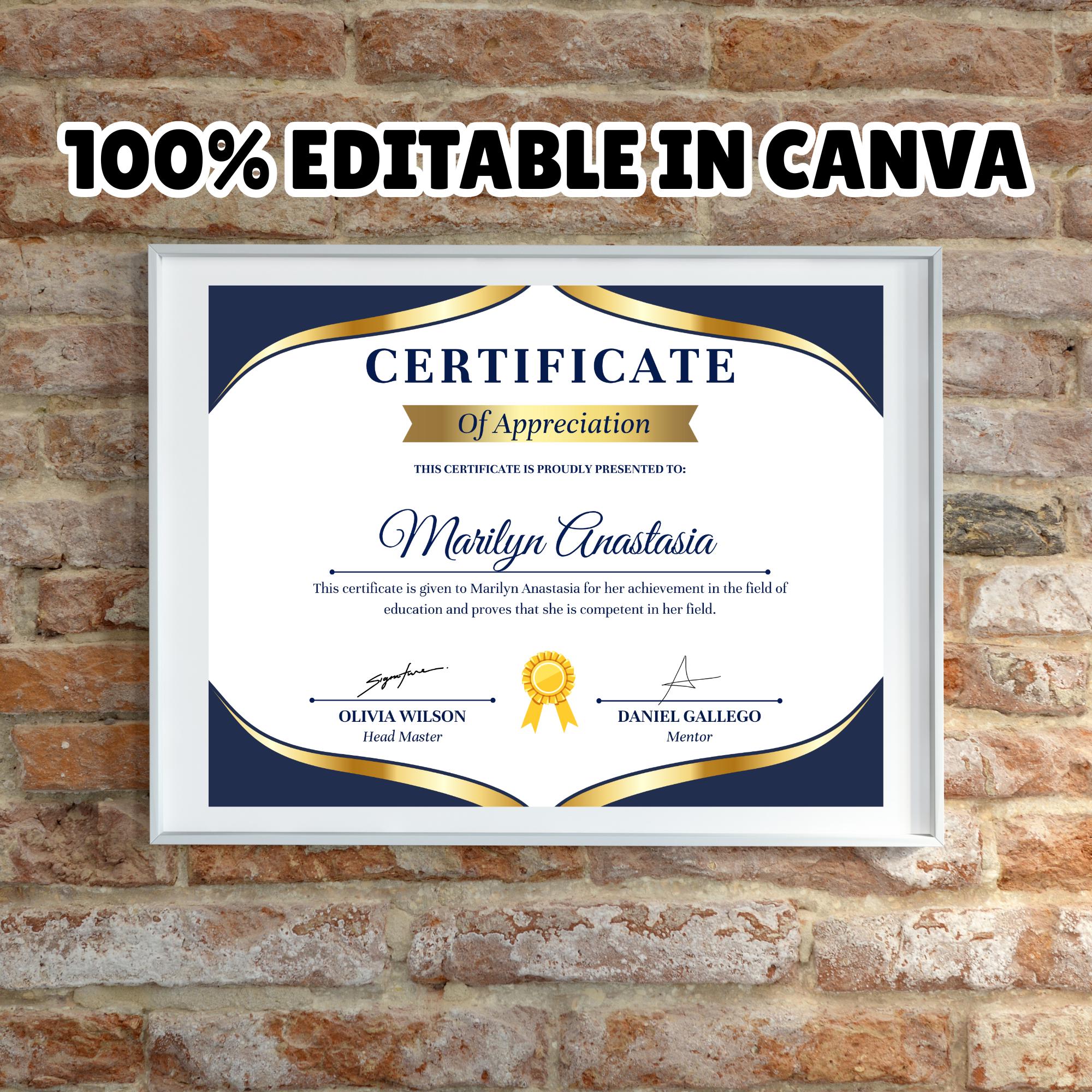 Editable Certificate of Appreciation Template Canva | Printable Award ...