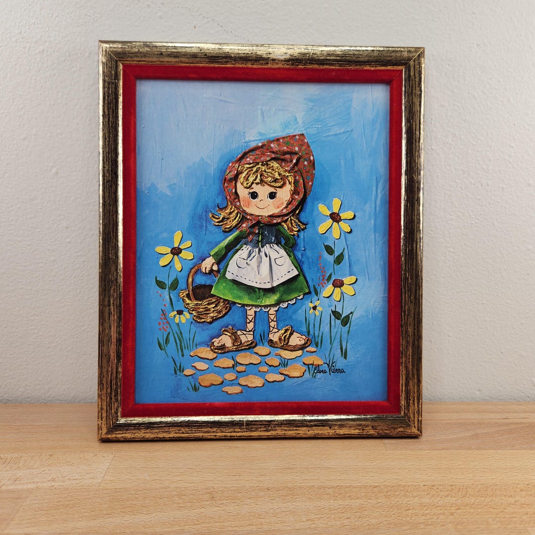 Vintage 1970 Retro Framed Girl With Basket Print by Edna Vierra- Velvet ...