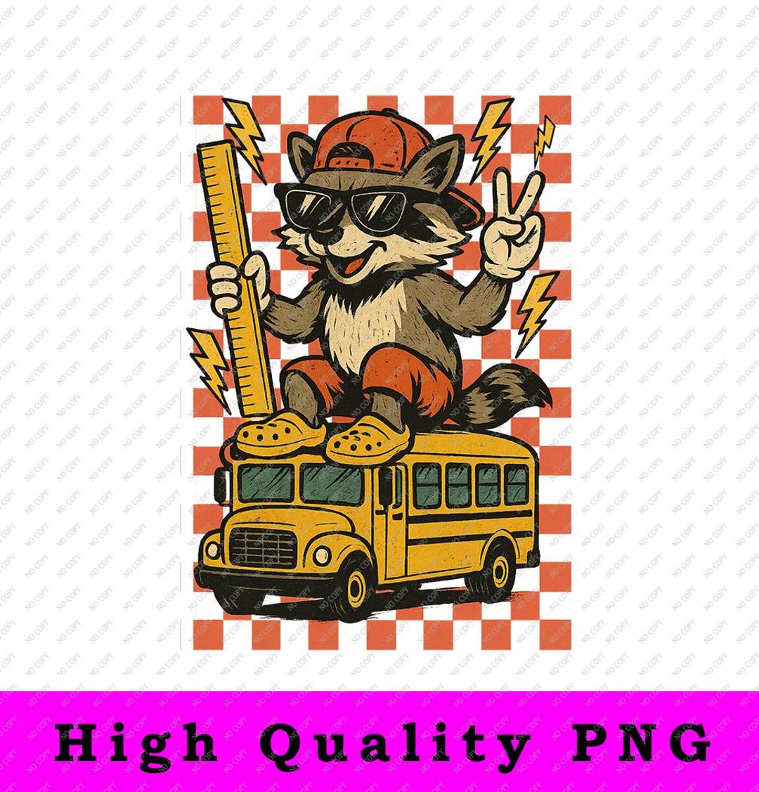 Cool Raccoon on School Bus With Ruler and Lightning - PNG File ...