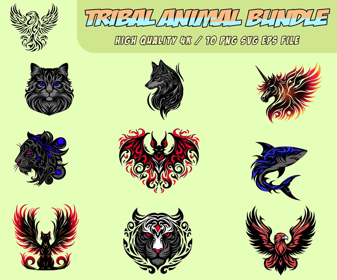 Tribal Animal Bundle 4K Clipart Set, Wolf, Lion, Tiger, Eagle, Phoenix ...