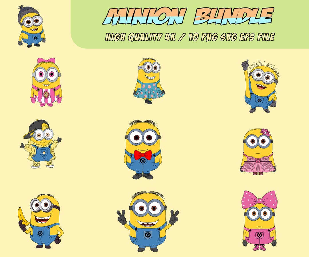 Minion Clipart Bundle 4K PNG SVG EPS, Cute Yellow Cartoon Characters ...