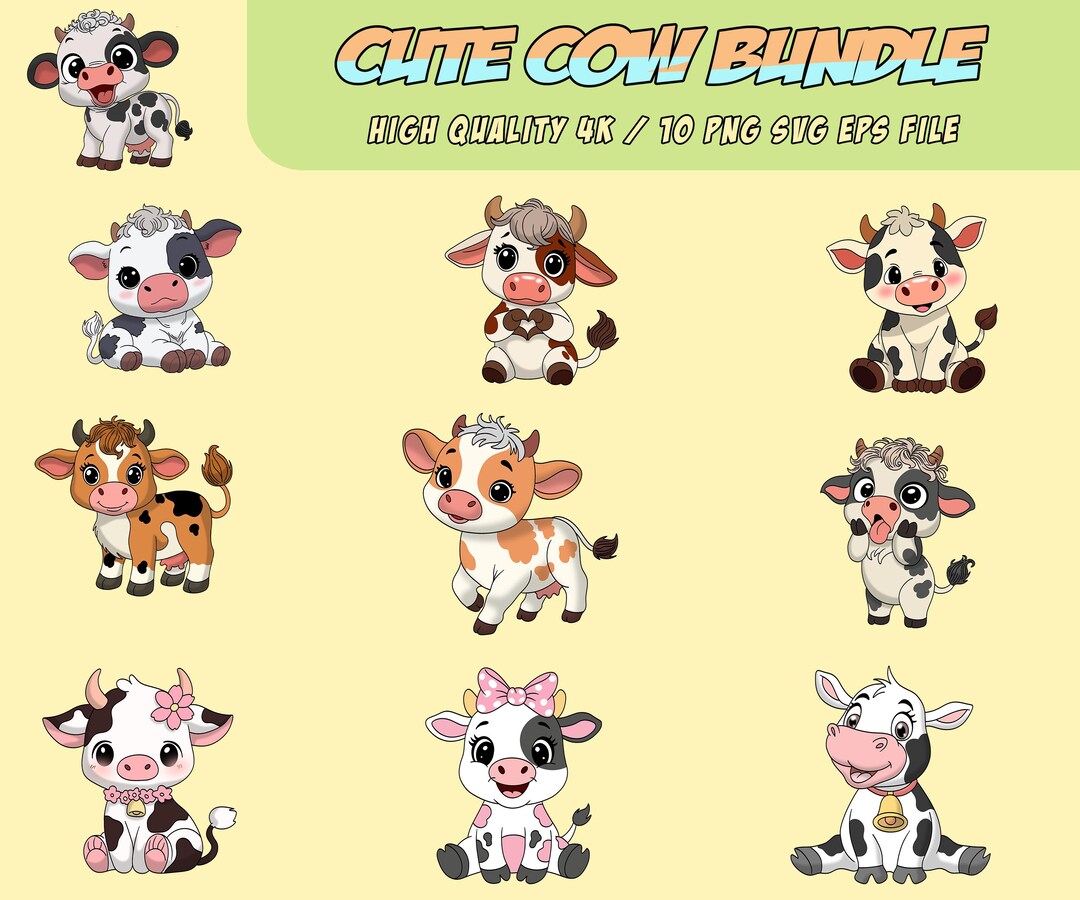 Cute Baby Cow Clipart Bundle 4K PNG SVG EPS, Kawaii Farm Animal Calf ...