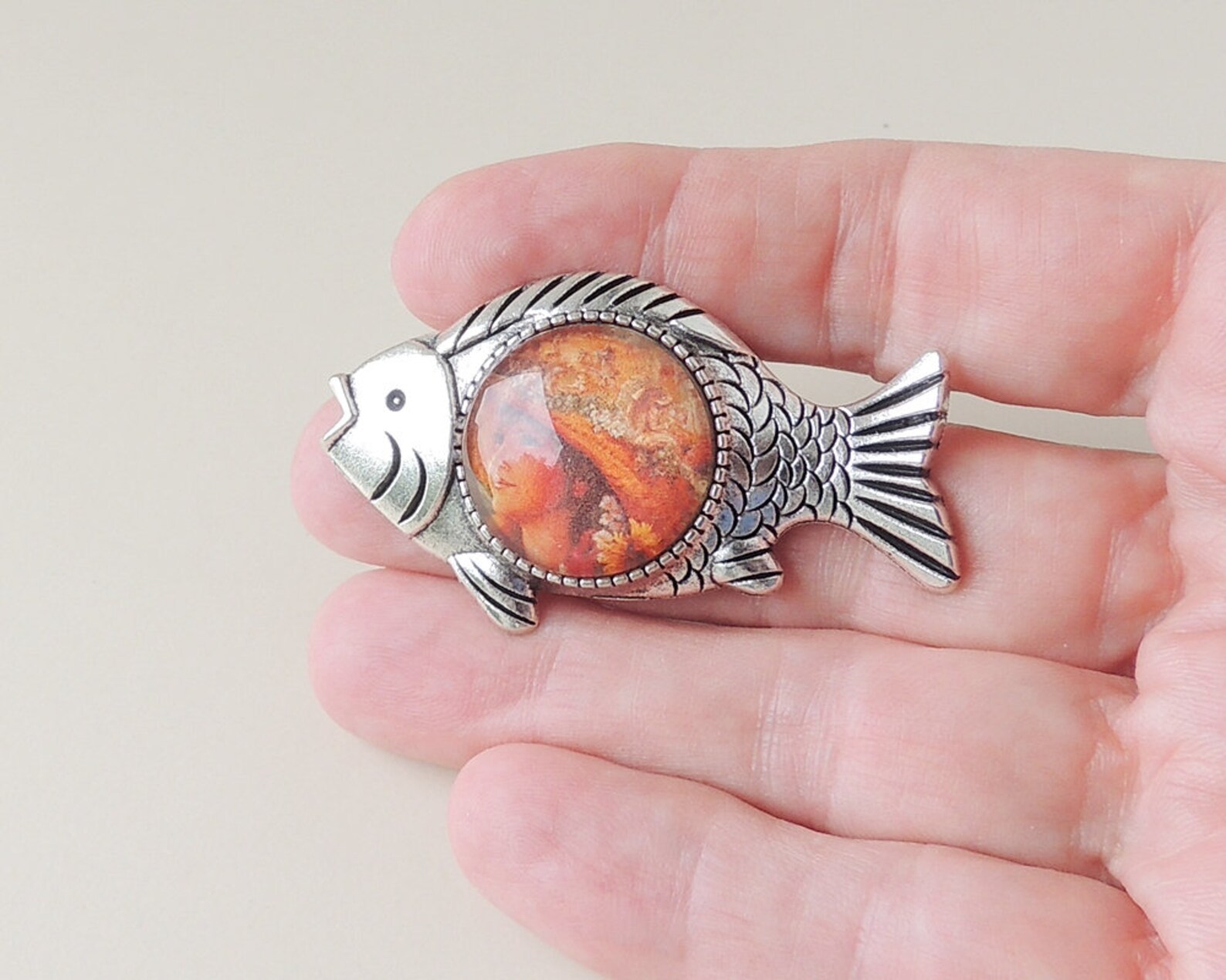 Fish Brooch With Glass Cabochon in Silver Colour Fish Shape - Etsy