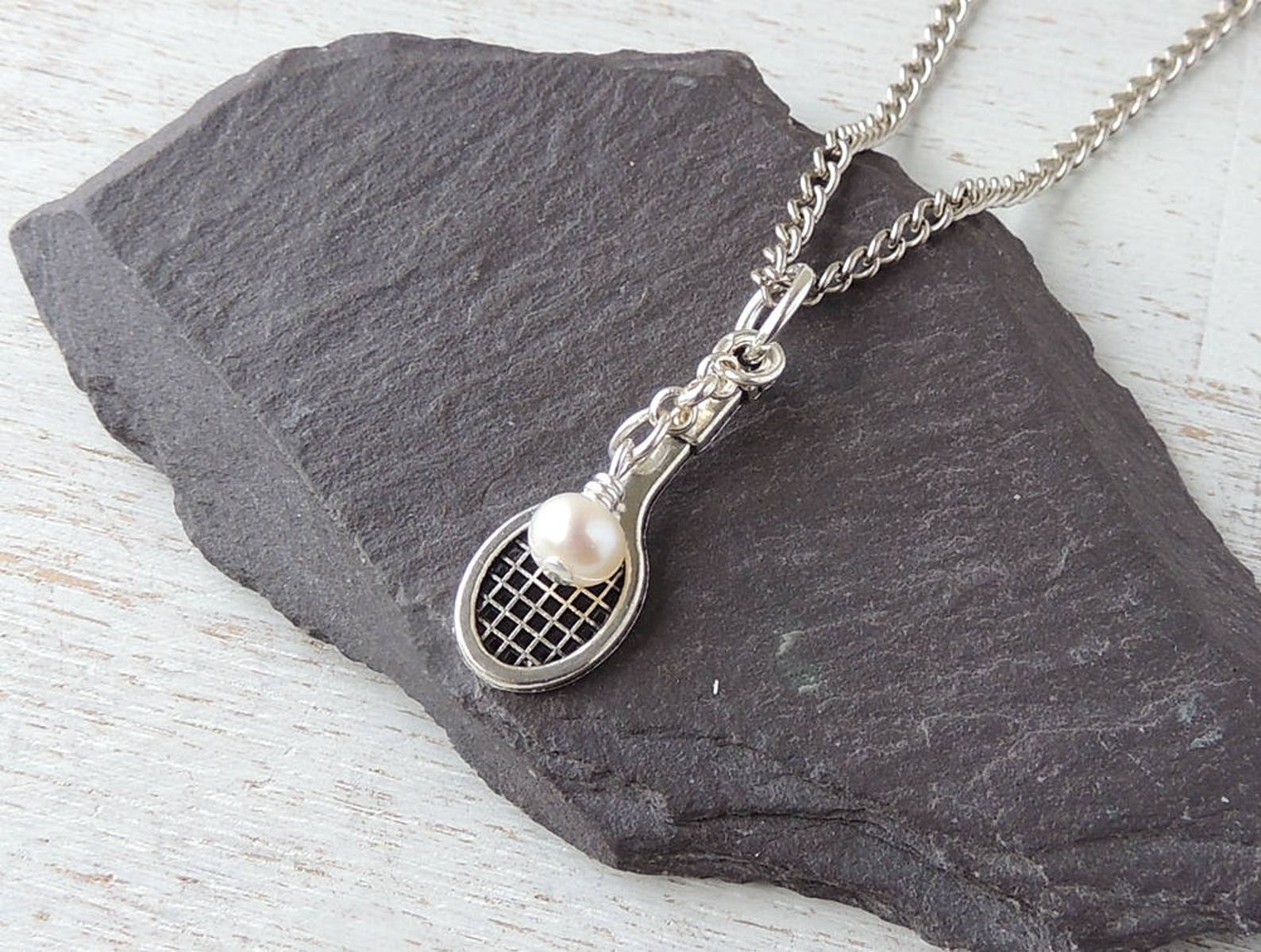 Tennis Necklace Tennis Racket Charm & Pearl Tennis Ball With - Etsy