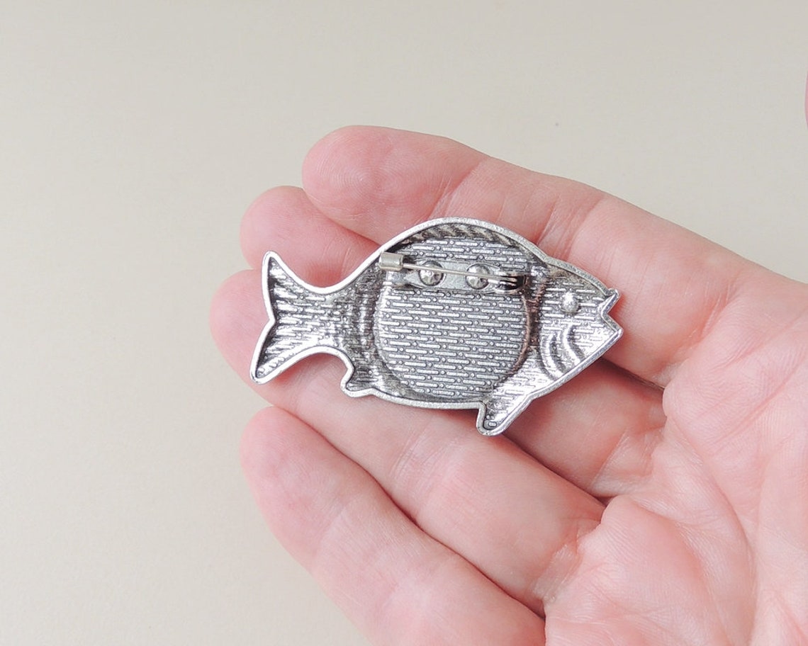 Fish Brooch with Glass Cabochon in Silver Colour Fish Shape | Etsy