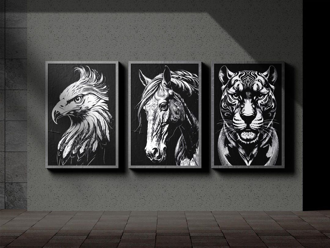 Black and White Animal Portrait Wall Art | Minimalist Wildlife Line ...