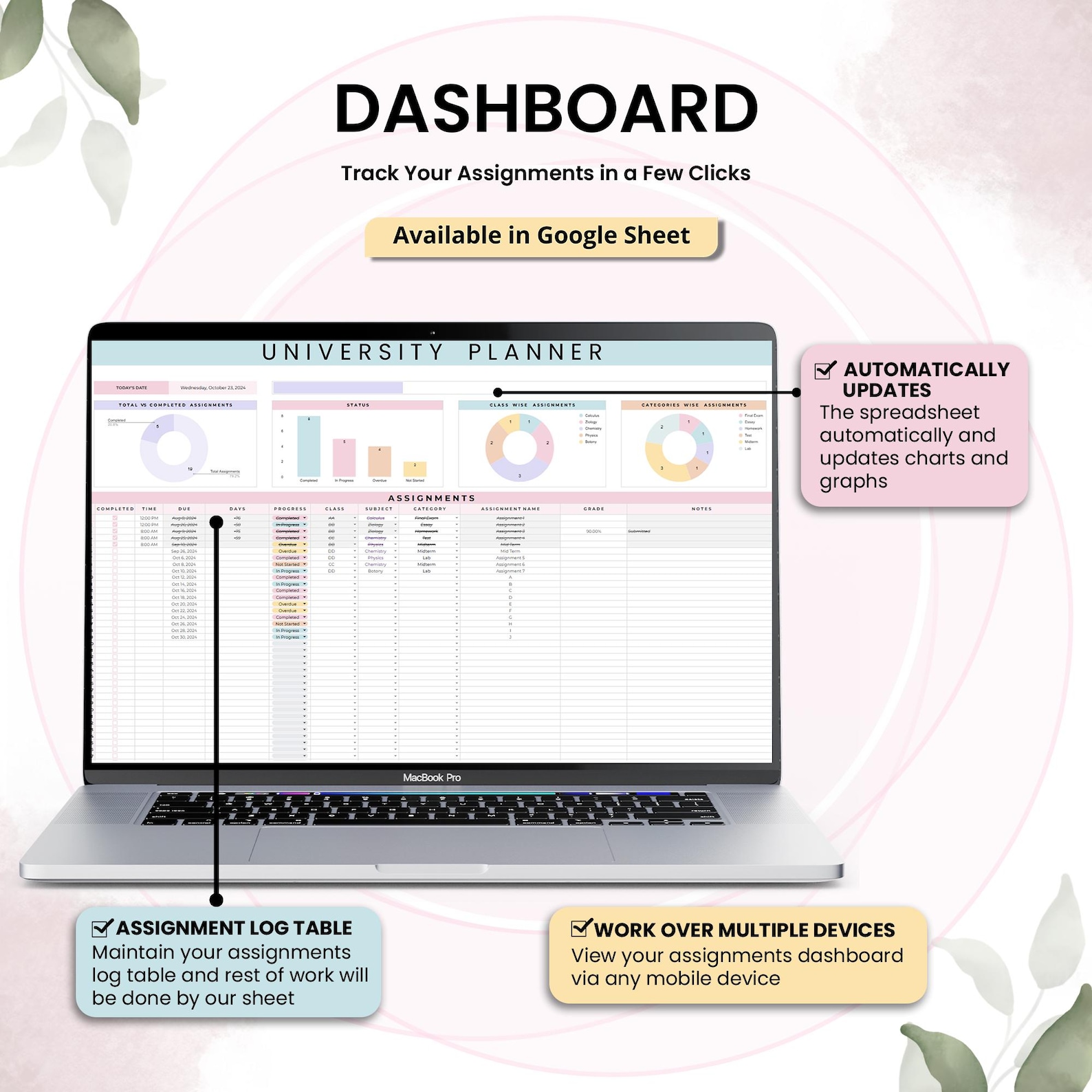 Assignment Tracker Spreadsheet | Academic Planner (digital Download) - Etsy