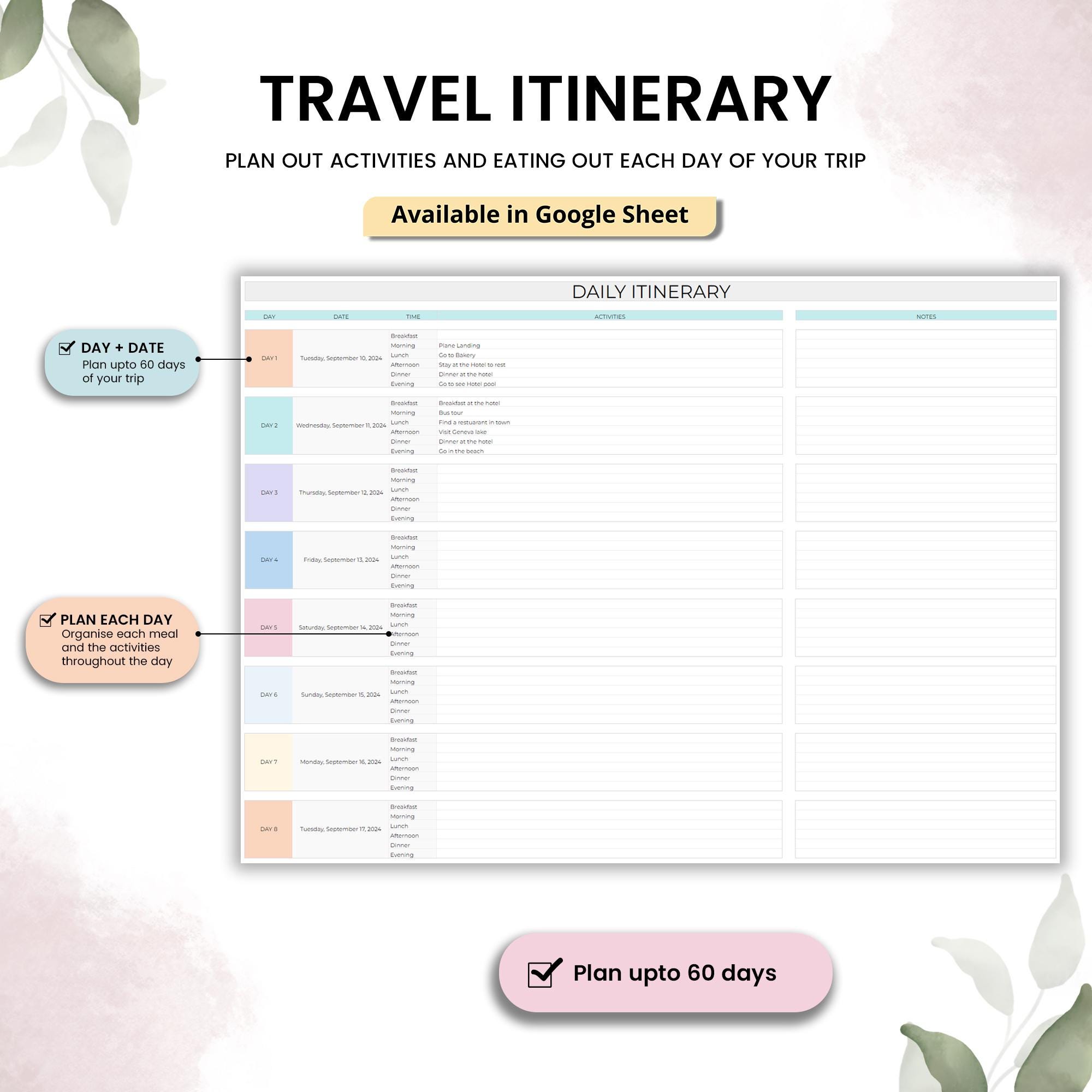 Travel Planner Google Sheets Travel Itinerary Budget Spreadsheets Road ...