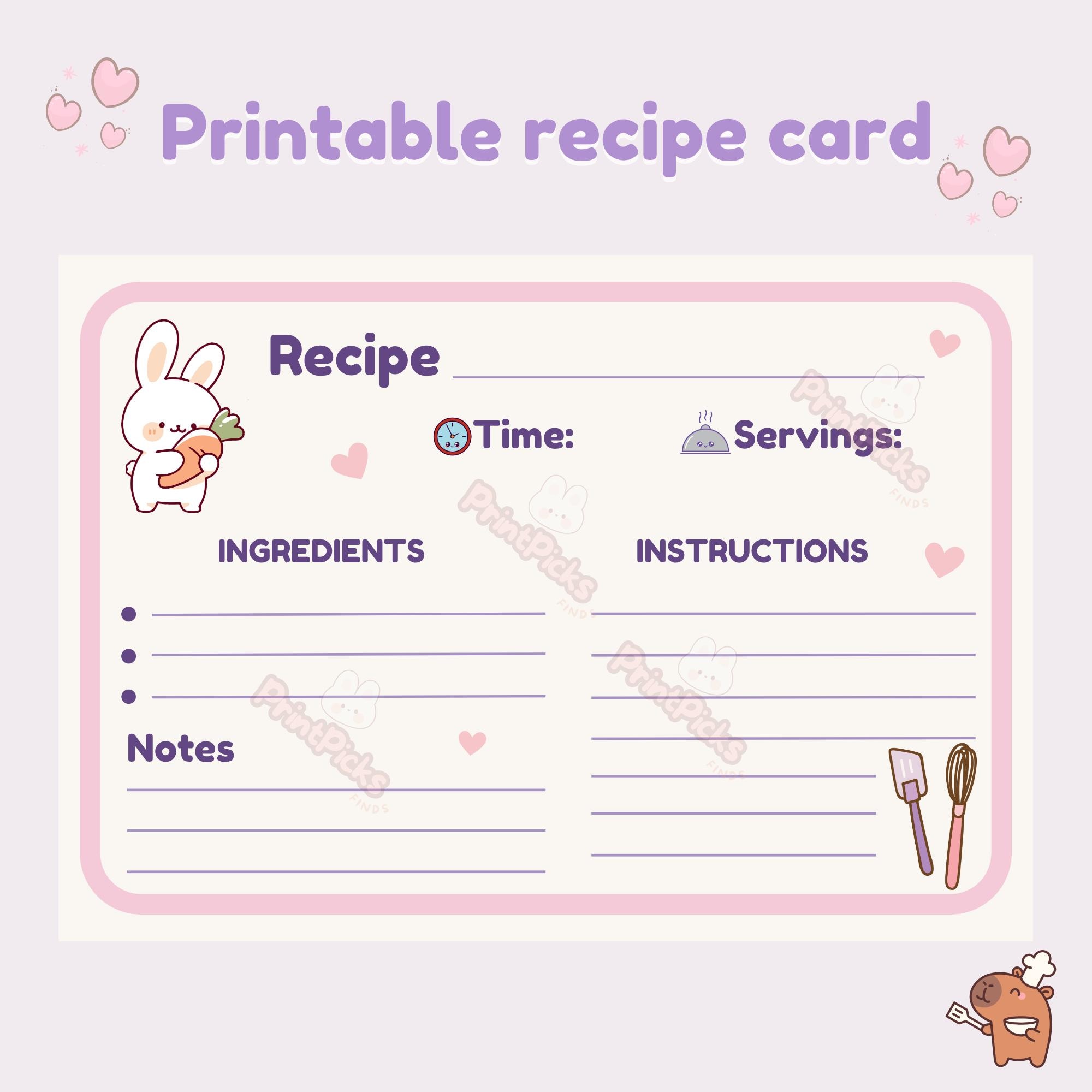 Kawaii Recipe Card Printable A5 Horizontal – Cute Kitchen Template ...