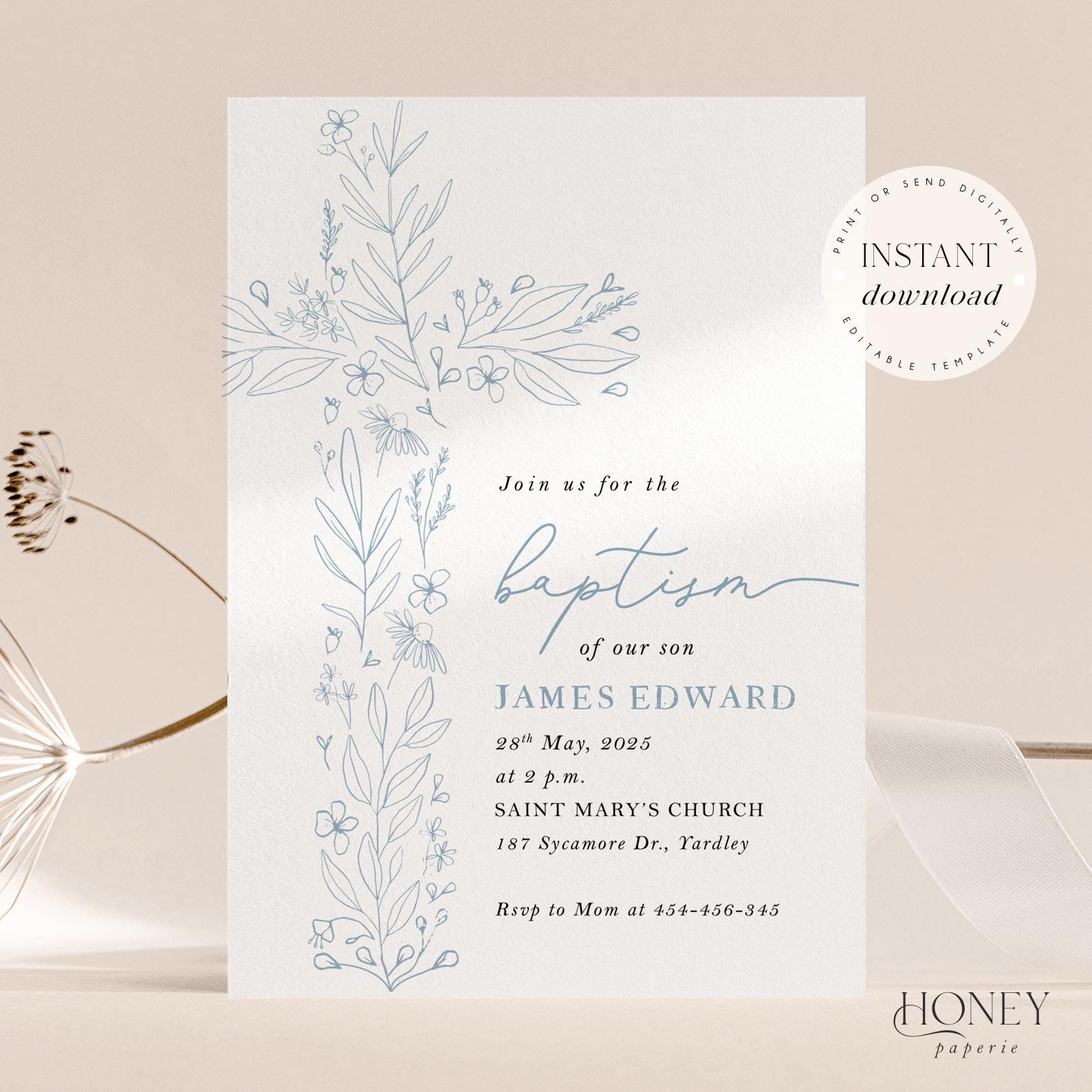 Baptism Invitation Template, Editable Baptism Invite, Blue Baptism ...