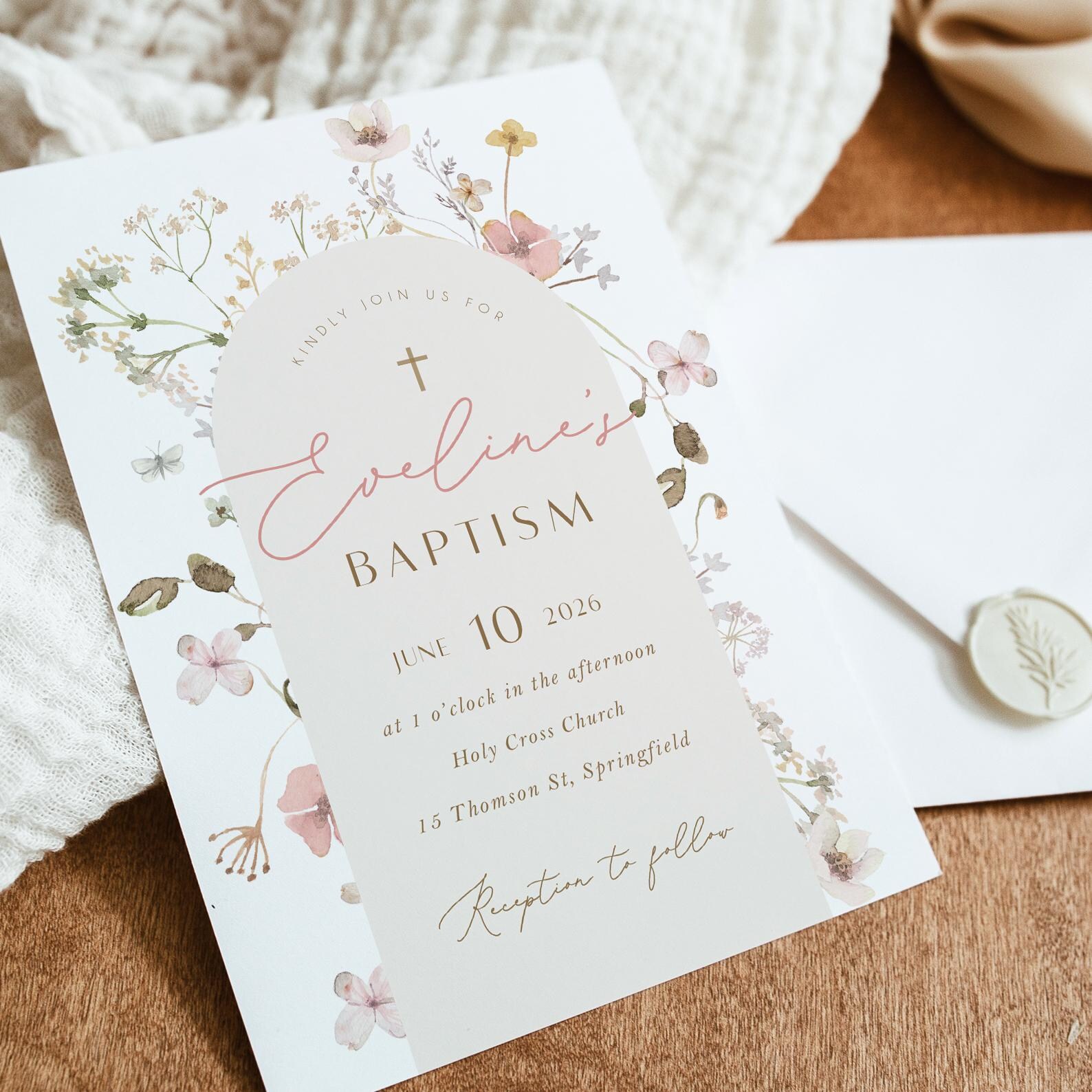 Wildflowers Baptism Invitation Template Girls, Printable Floral Baptism ...