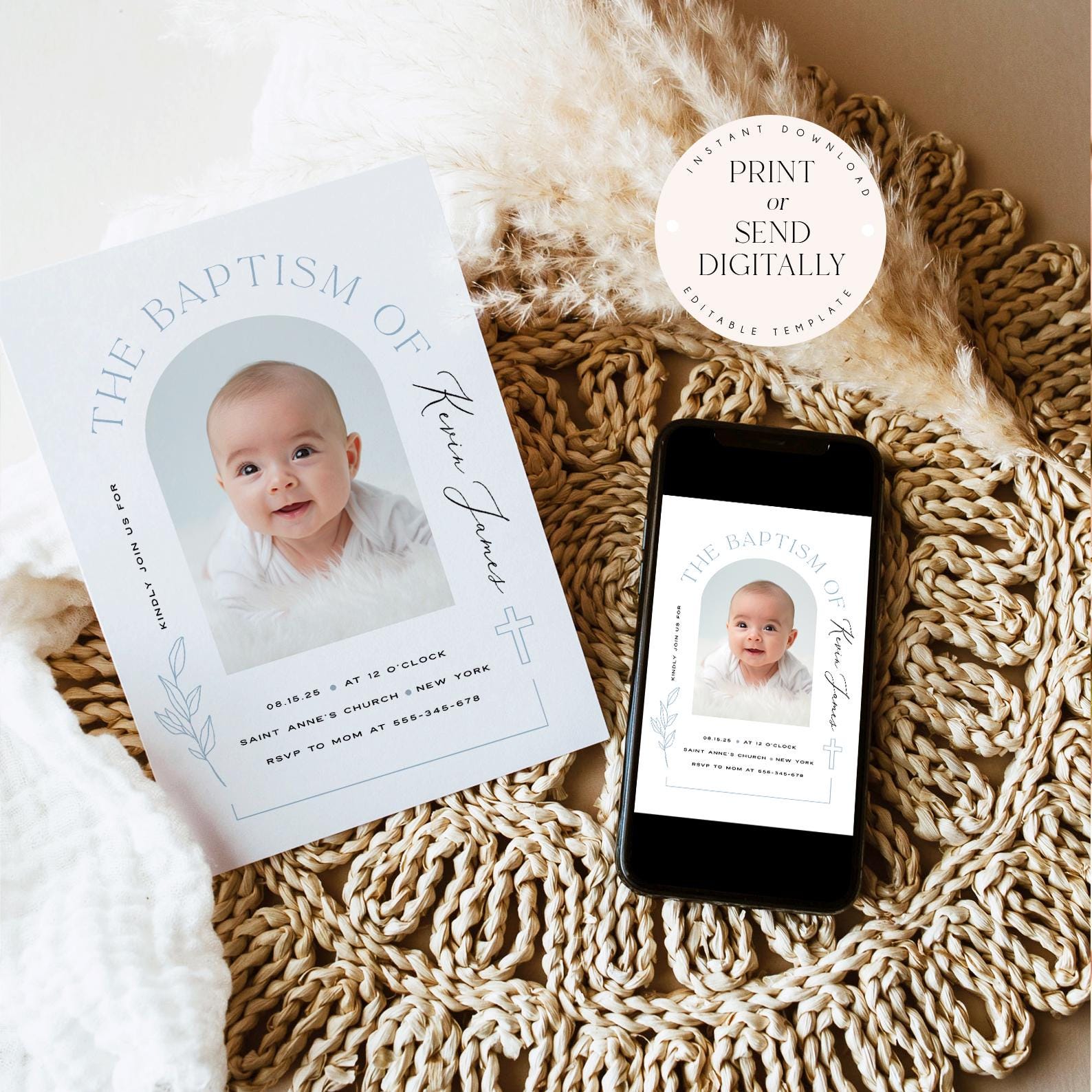 Boys Baptism Invitation Template, Editable Baptism Invite With Photo ...